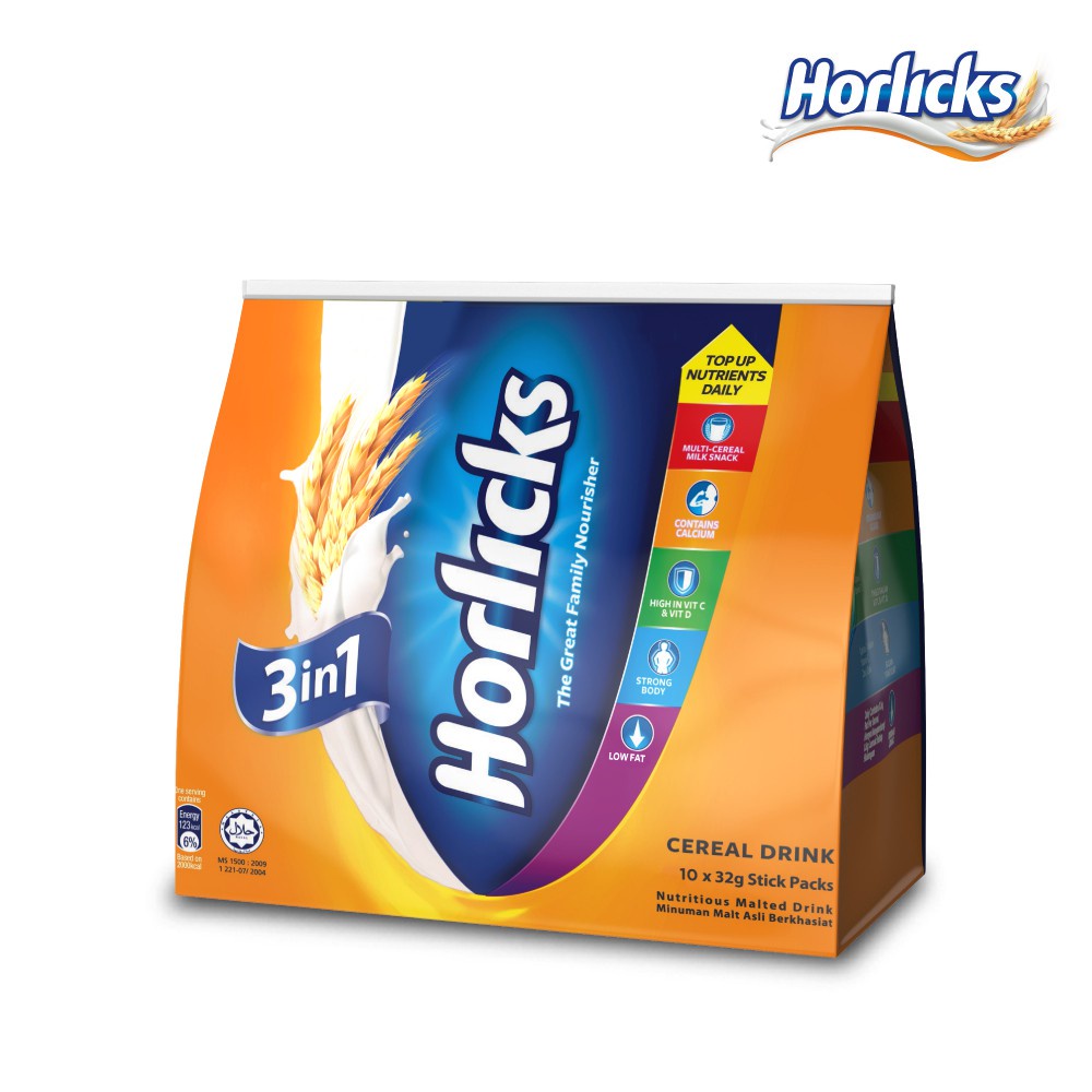 Horlicks 3 In 1 Sachet Pack Cereal Powdered Drink (10 X 32gm) | Jeevee