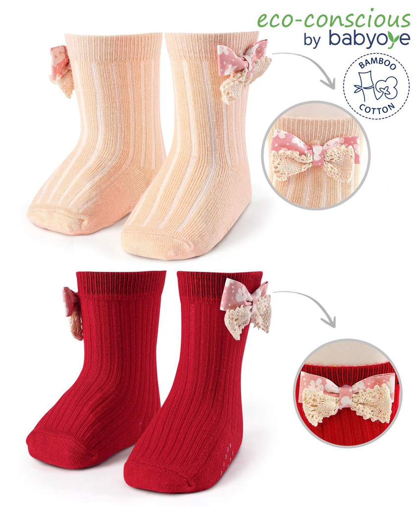 Babyoye Socks Applique Pack Of 2 - Red & Peach (0-6 Months) | Jeevee