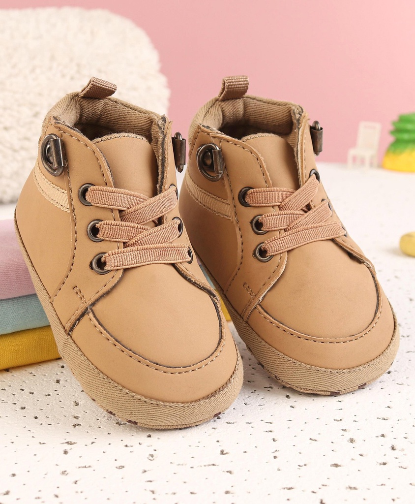 Babyoye Lace Up Closure Solid Color Booties - Beige (0-3 Months) | Jeevee